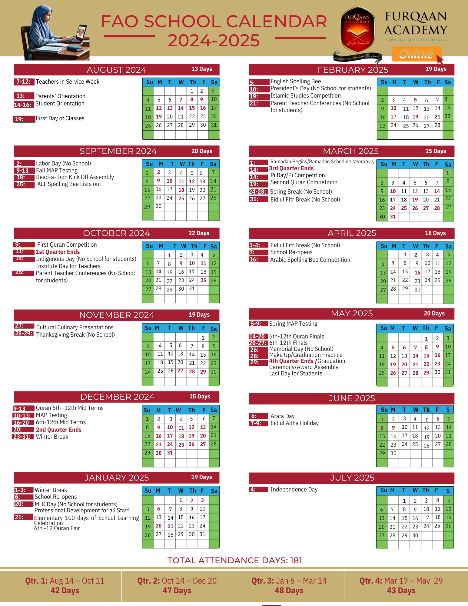 School Calendar – Furqaan Academy Online